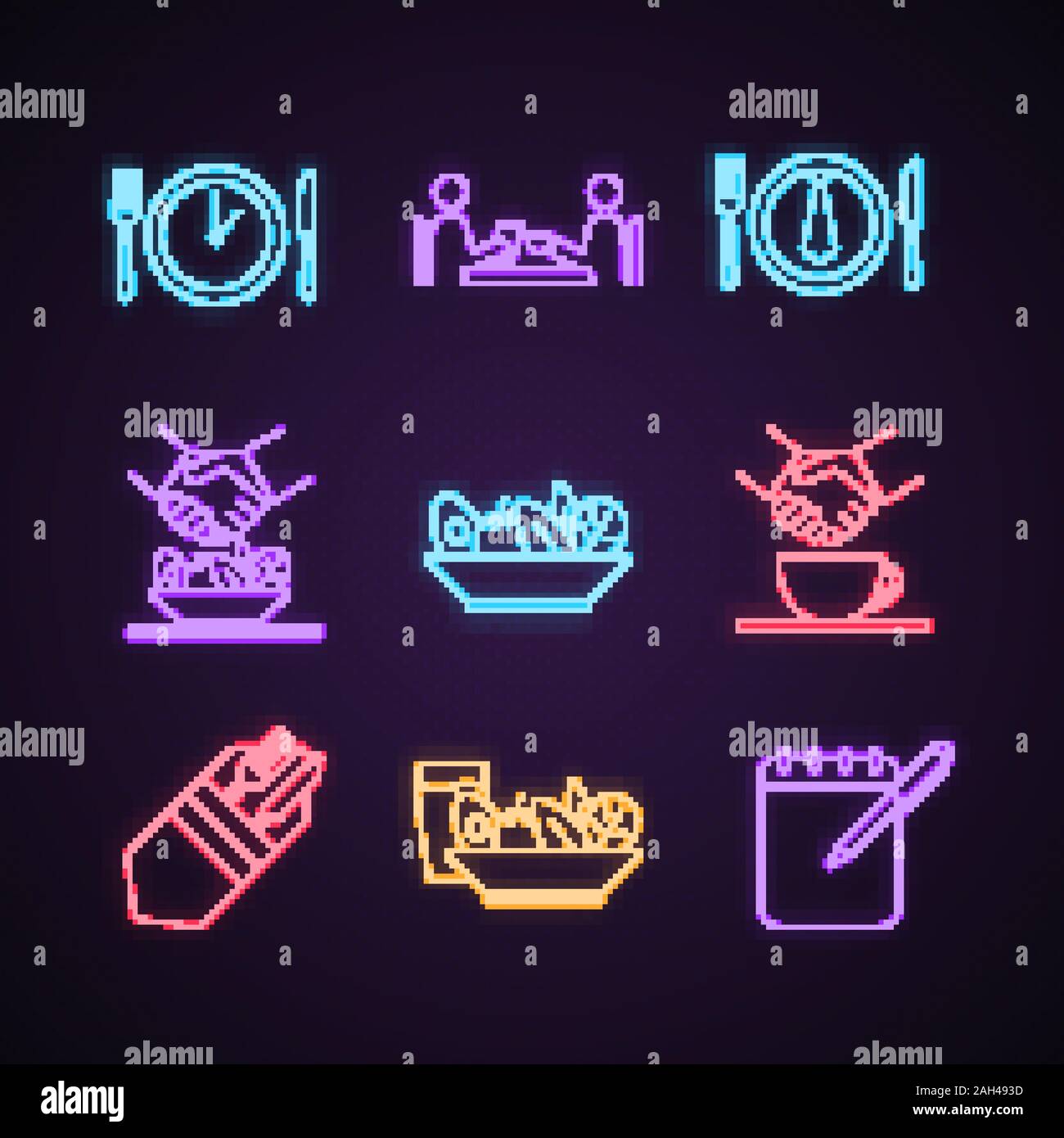 Business lunch neon light icons set. Colleagues, friends, partners ...