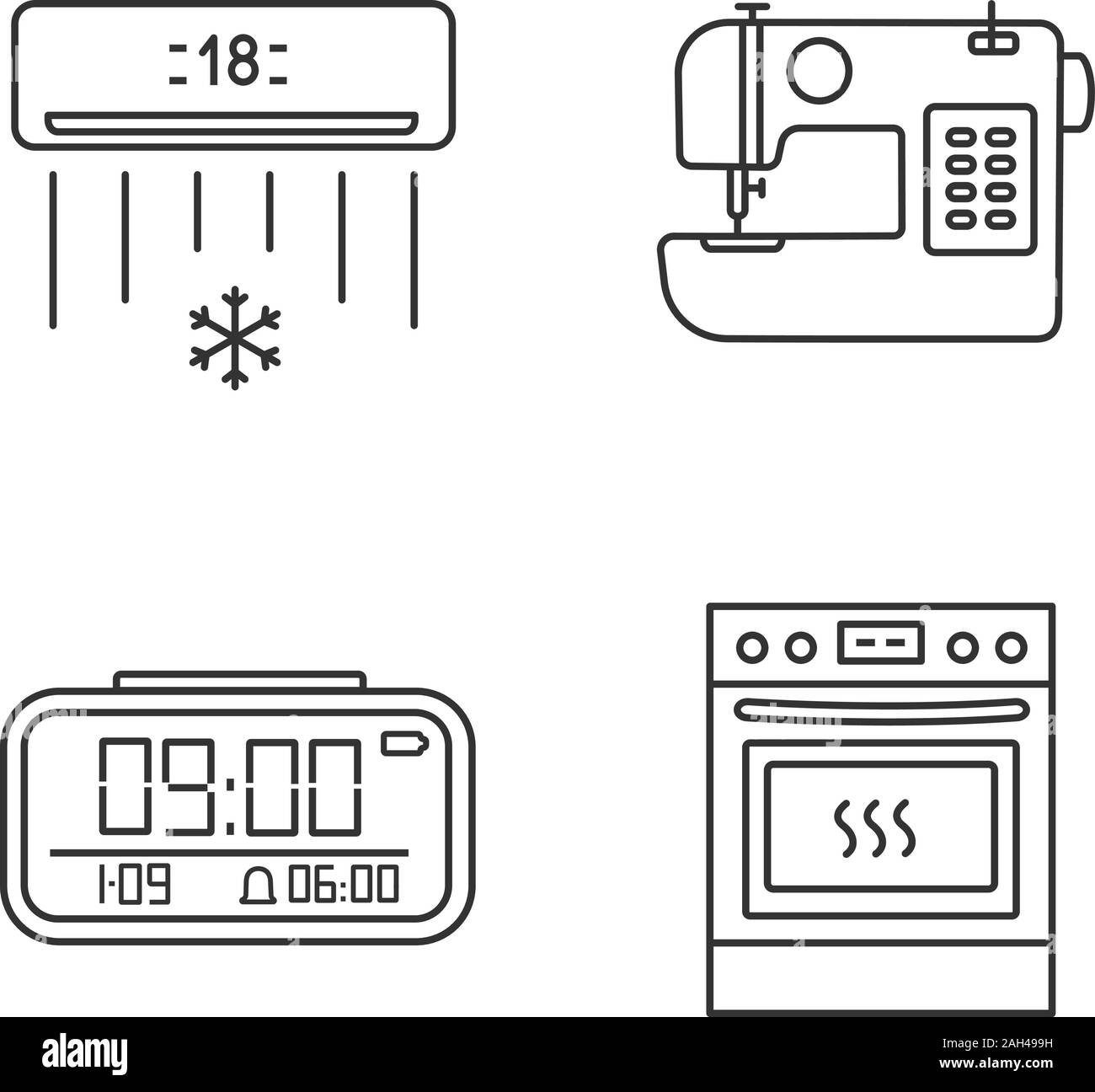 Household appliance linear icons set. Air conditioner, sewing machine ...