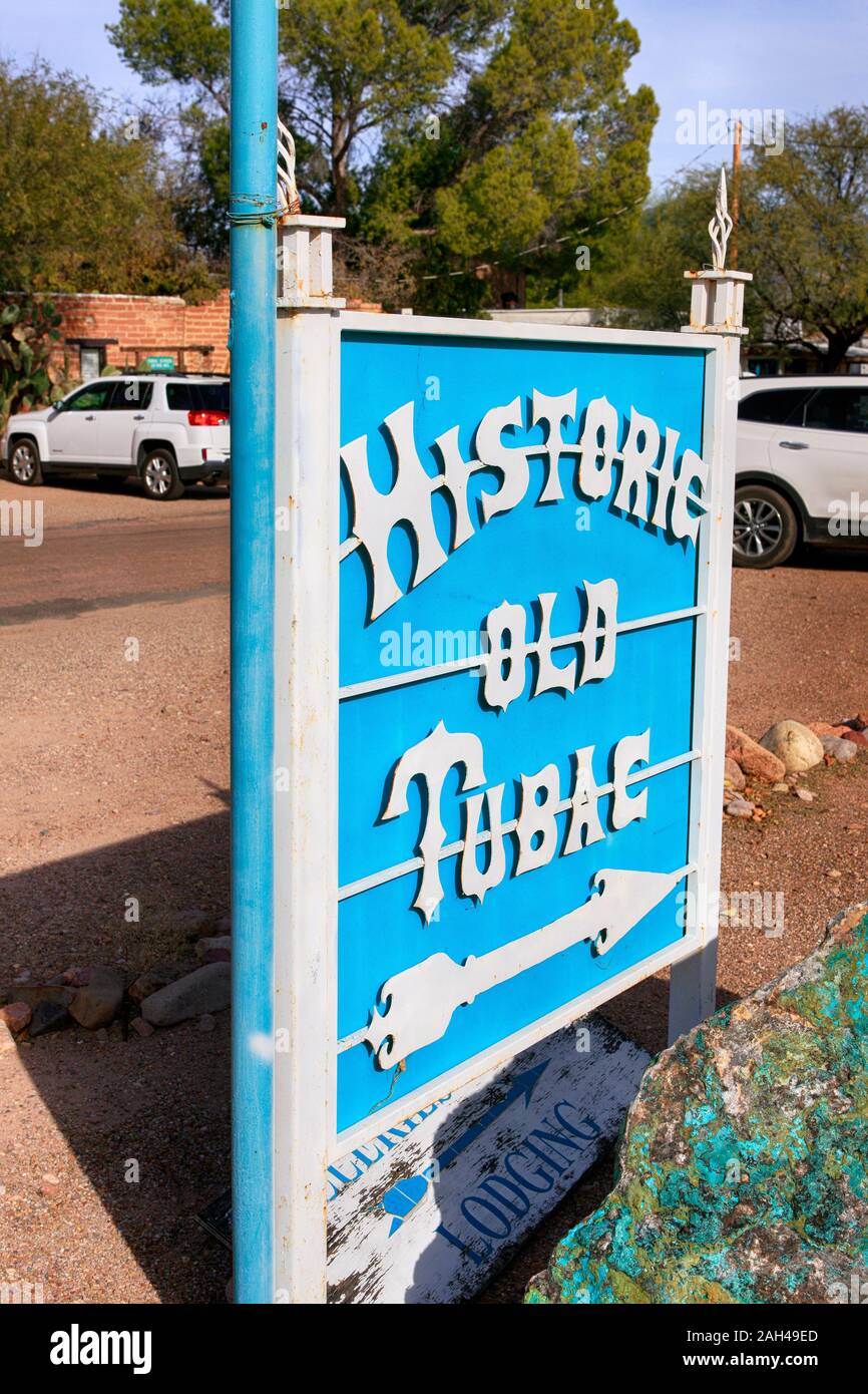Blue and white sign pointing to Historic Old Tubac in Arizona Stock ...