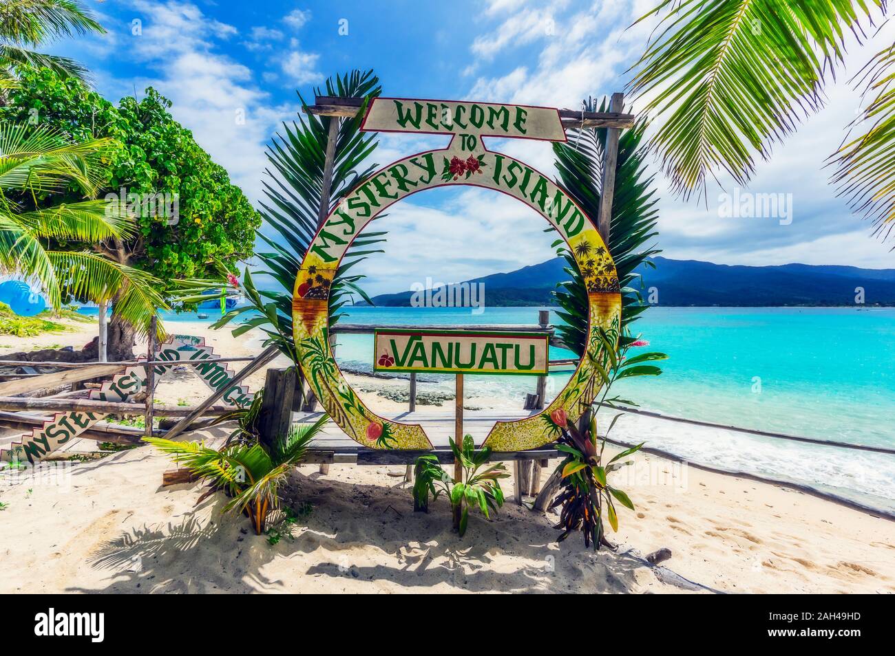 Vanuatu, Mystery Island, south pacific, welcome sign at the beach Stock ...