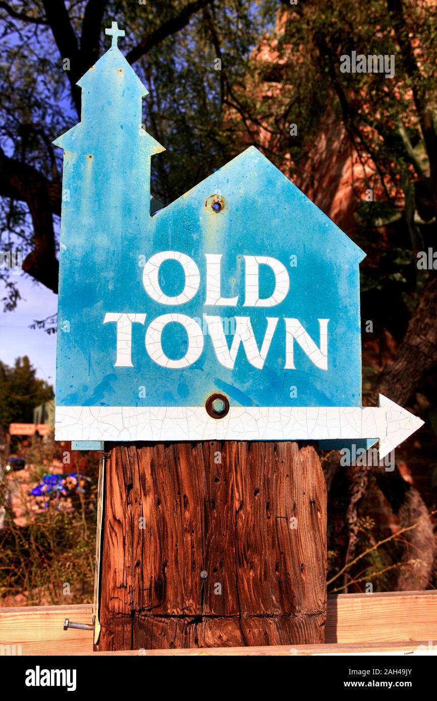 Blue and white sign pointing to Historic Old Tubac in Arizona Stock ...