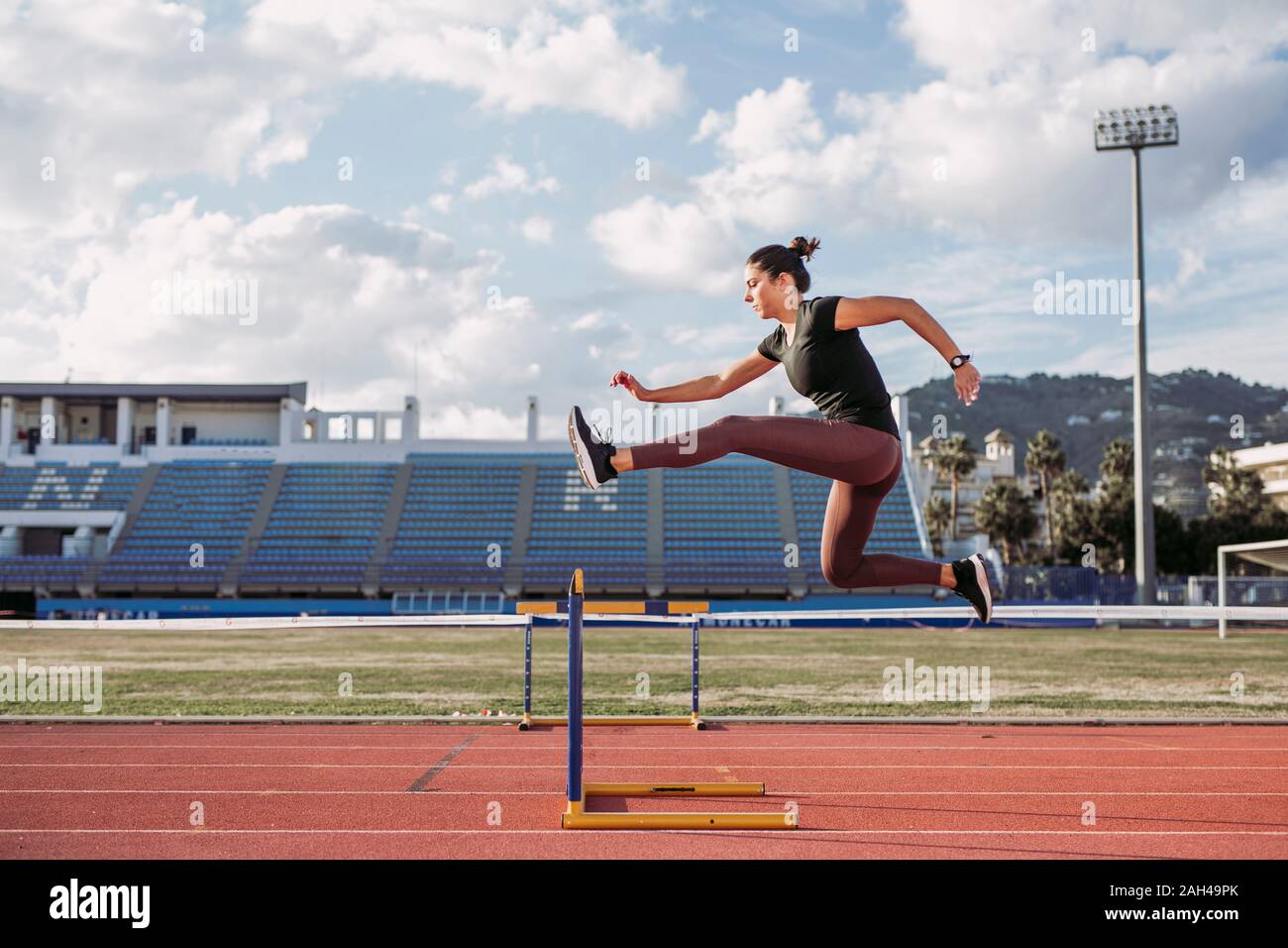 Female hurdler during training on tartan track Stock Photo - Alamy