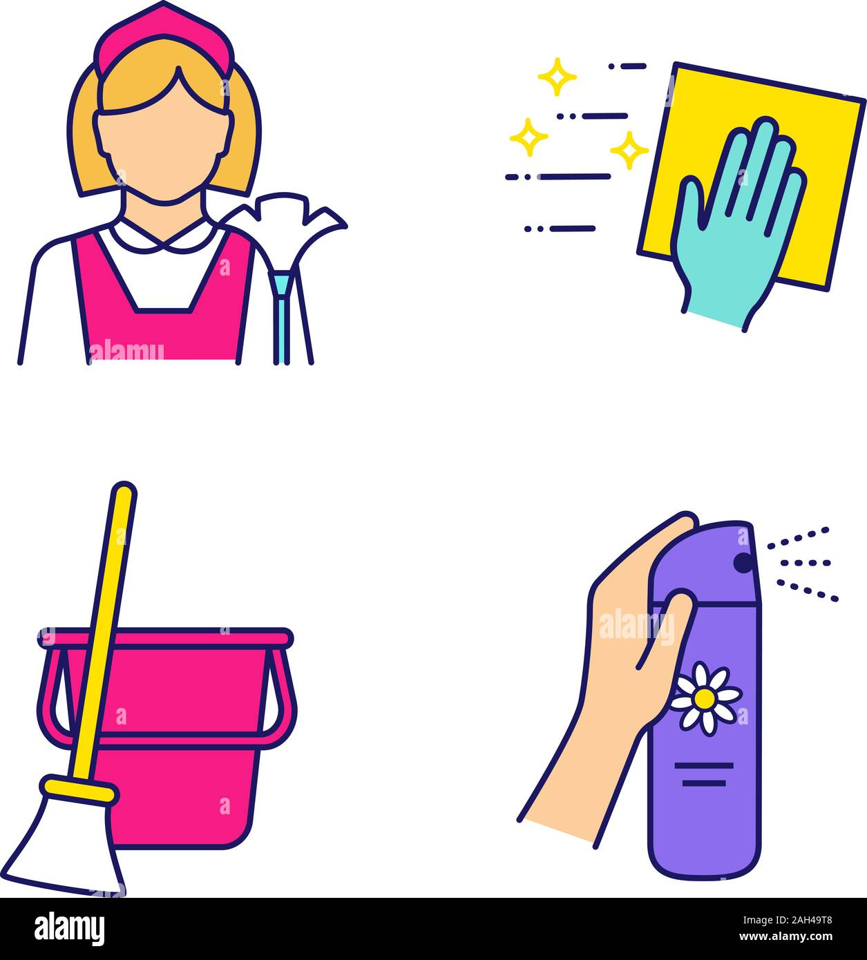 Cleaning service color icons set. Maid, cleaning napkin, broom and ...