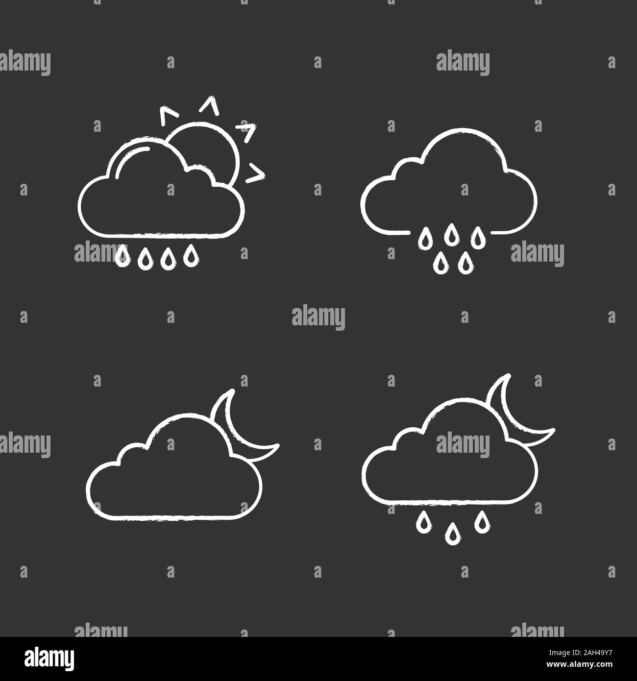 Weather forecast chalk icons set. Rain with sun, rainy weather, cloudy ...