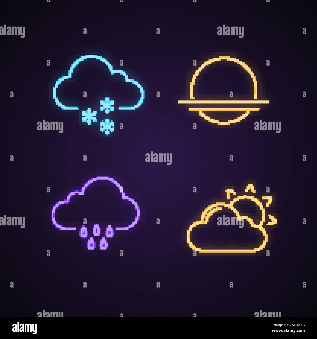 Weather forecast neon light icons set. Light snow, sunrise, sunset, drizzle rain, partly cloudy ...