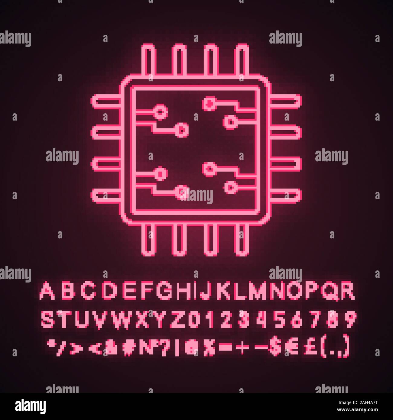 Processor with electronic circuits neon light icon. Microprocessor with microcircuits. Chip ...