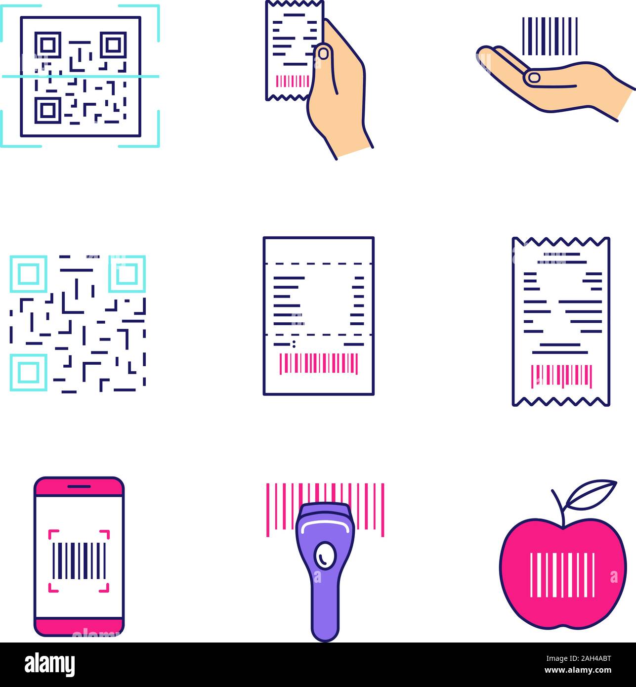 Brcodes color icons set. QR and linear codes scanning app, device, cash ... Brcodes color icons set. QR and linear codes scanning app, device, cash ...