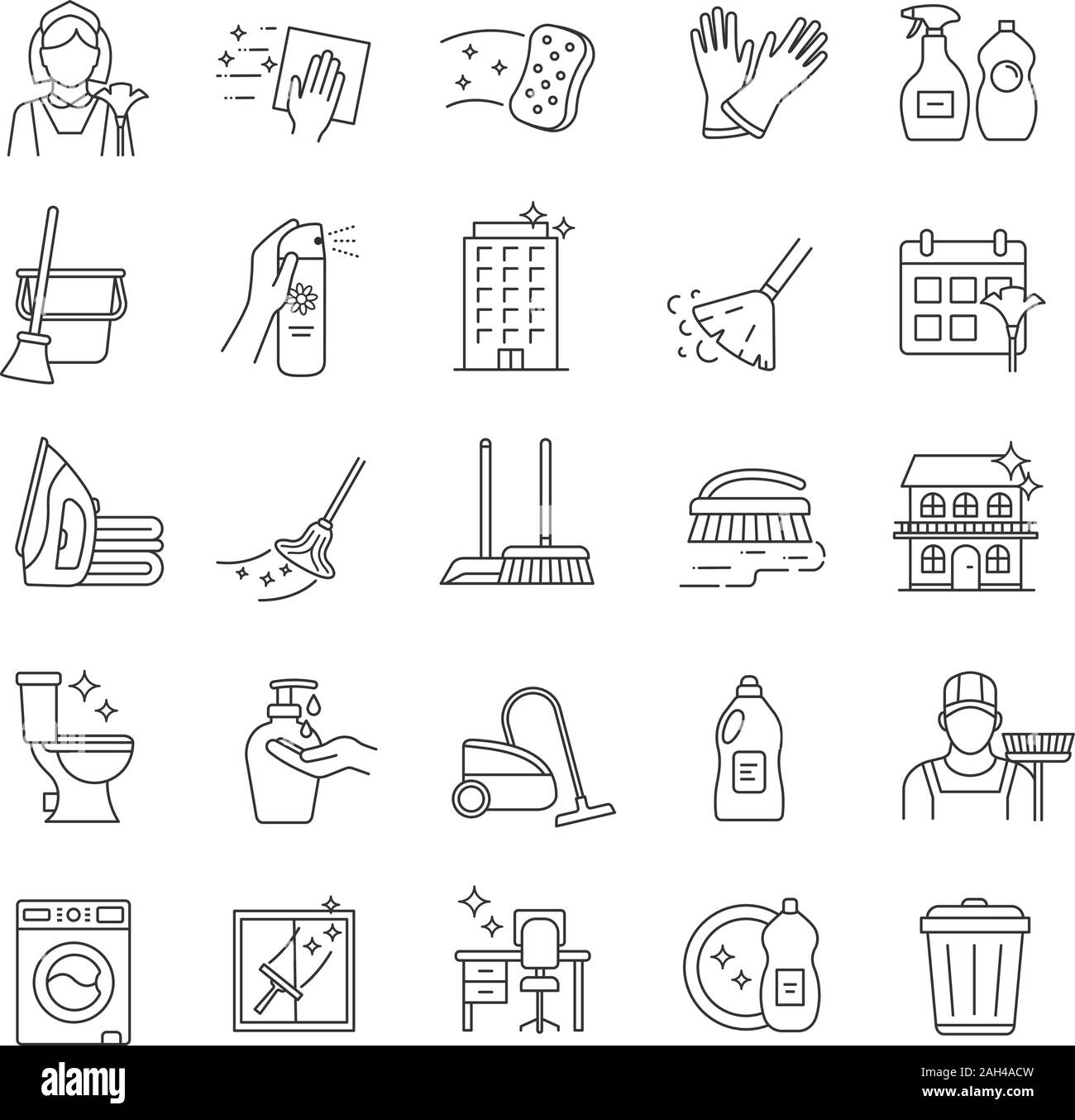 Cleaning service linear icons set. Cleaning products. Napkins, sponge ...