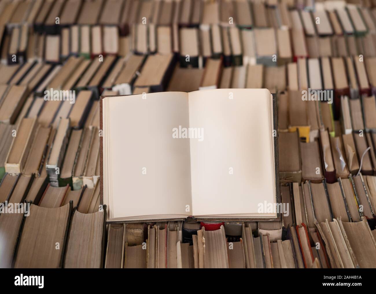 Top view of an opened book over lot of books. Wisdom and knowledge ...