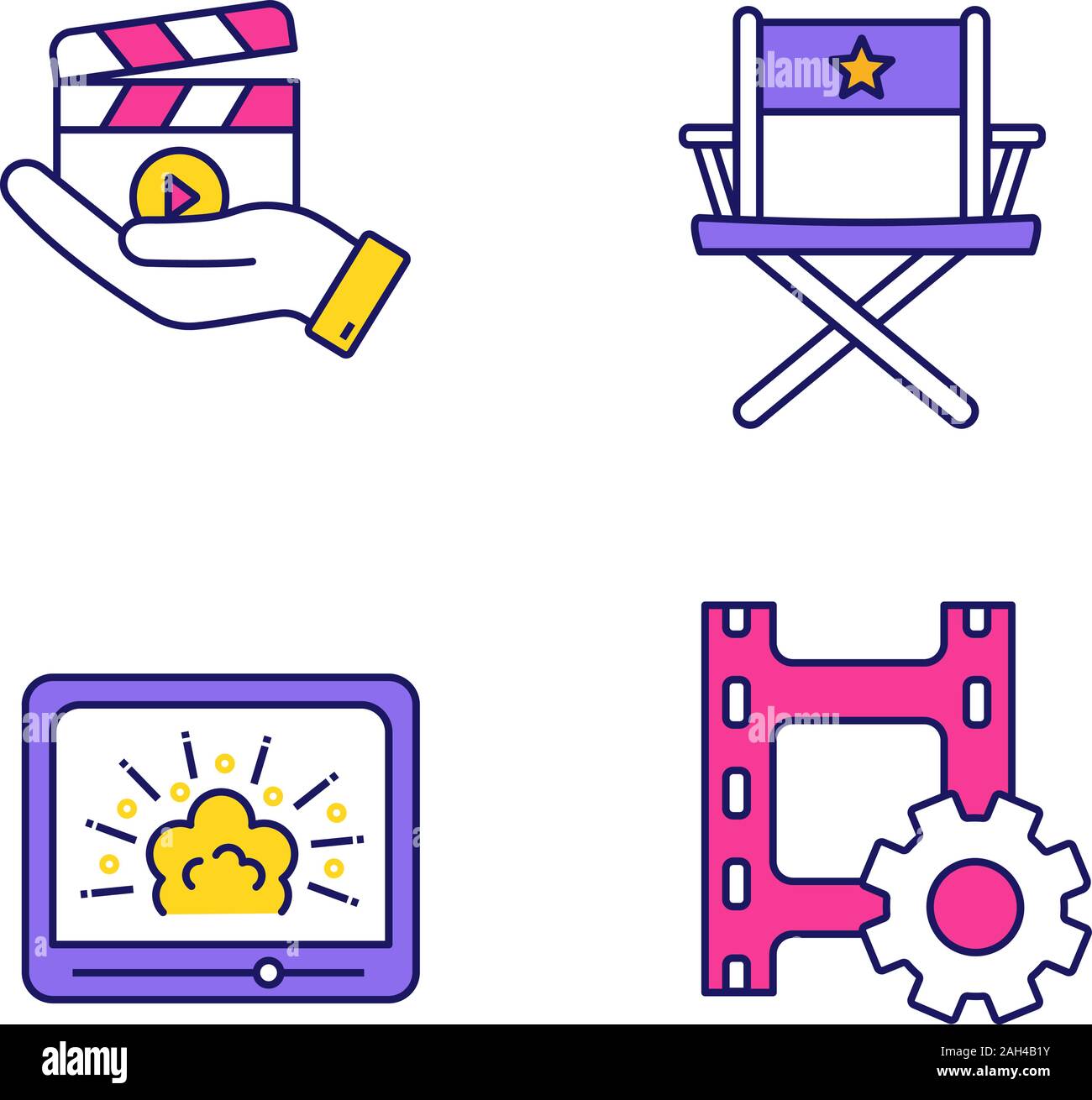 Film industry color icons set. Movie release, director'€™s chair ...