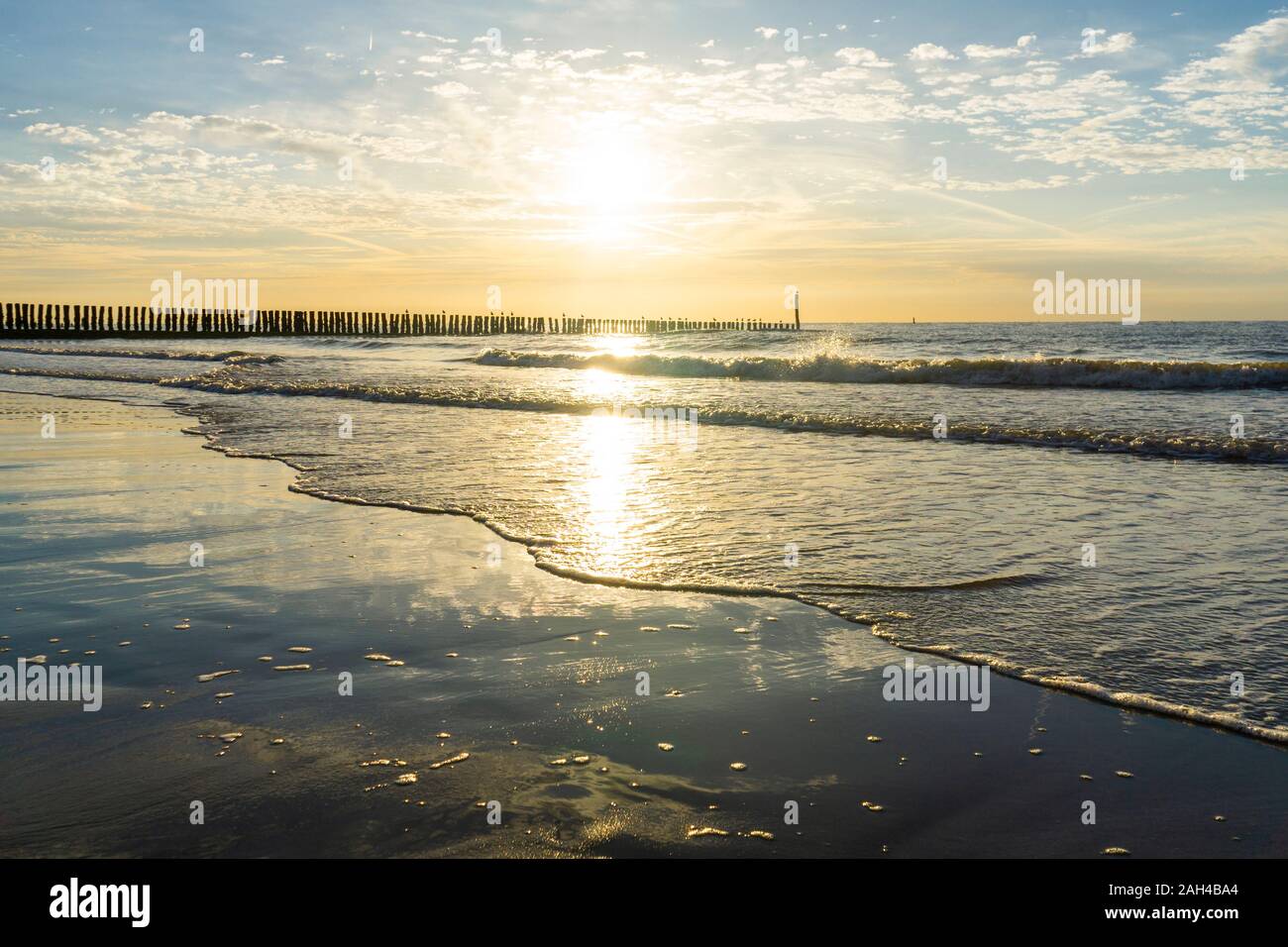 Netherlands, Cadzand-Bad, beach with breakwater at twilight Stock Photo ...