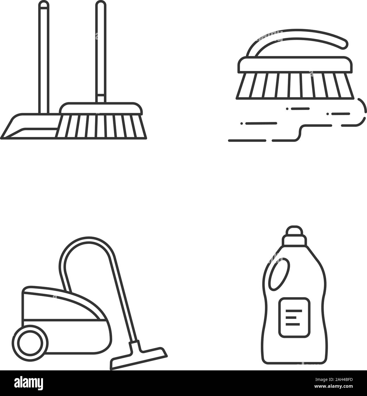 Cleaning service linear icons set. Scoop and sweeping brush, vacuum ...