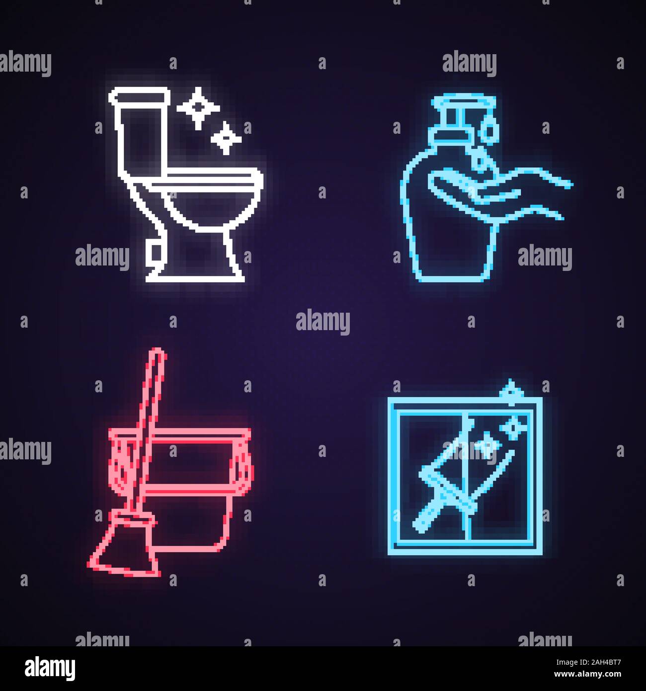 Cleaning service neon light icons set. Hands soap, broom and bucket ...