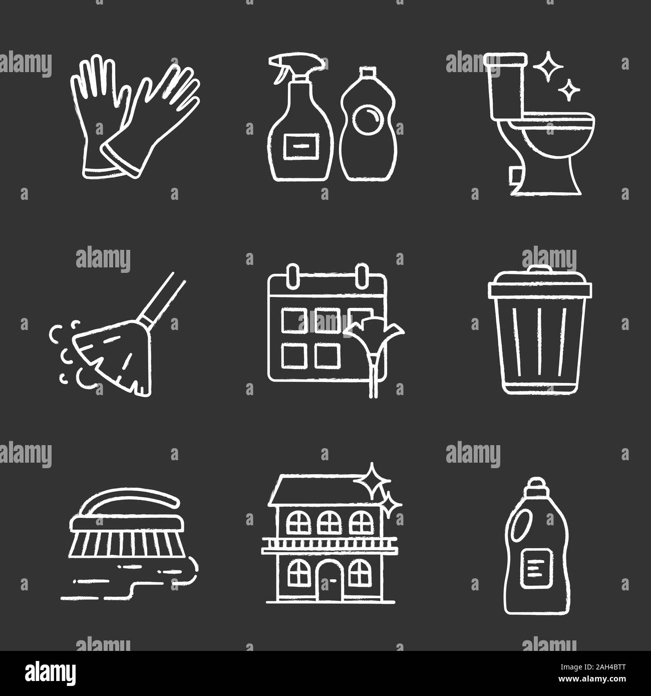 Cleaning service chalk icons set. Household gloves, detergents, tidy ...