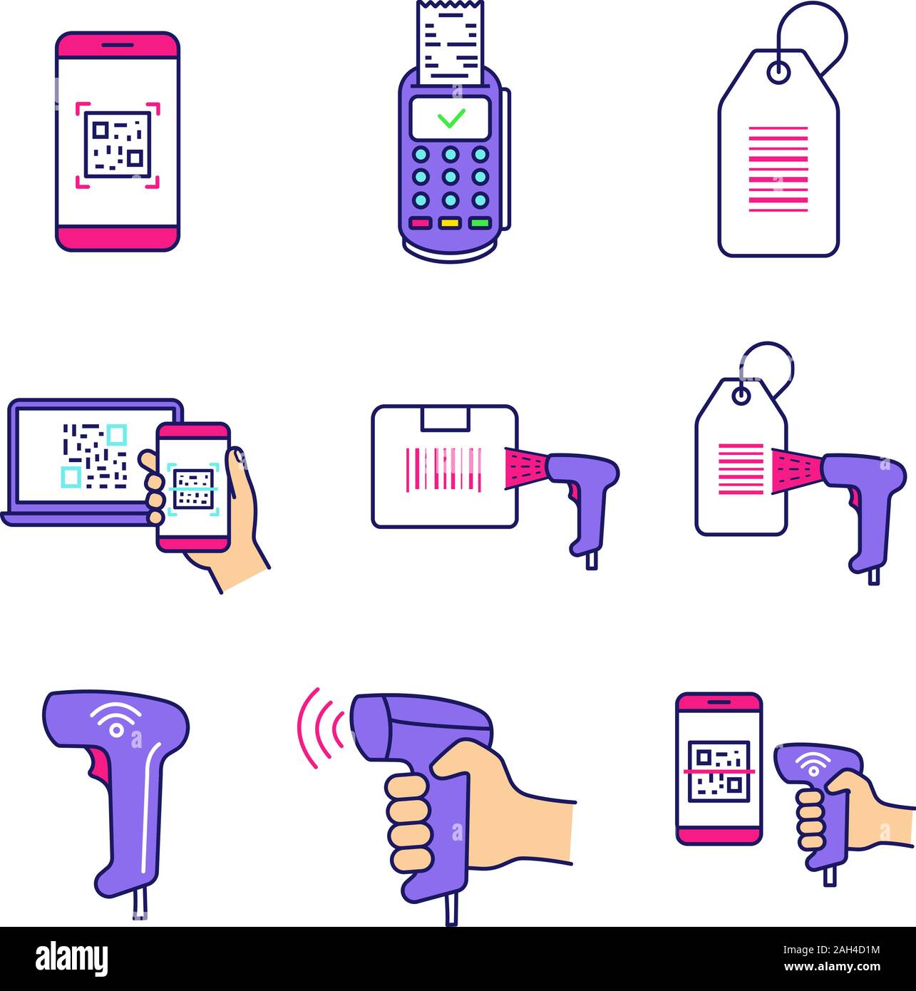 Brcodes color icons set. Smartphone barcode scanning app, paper receipt ...