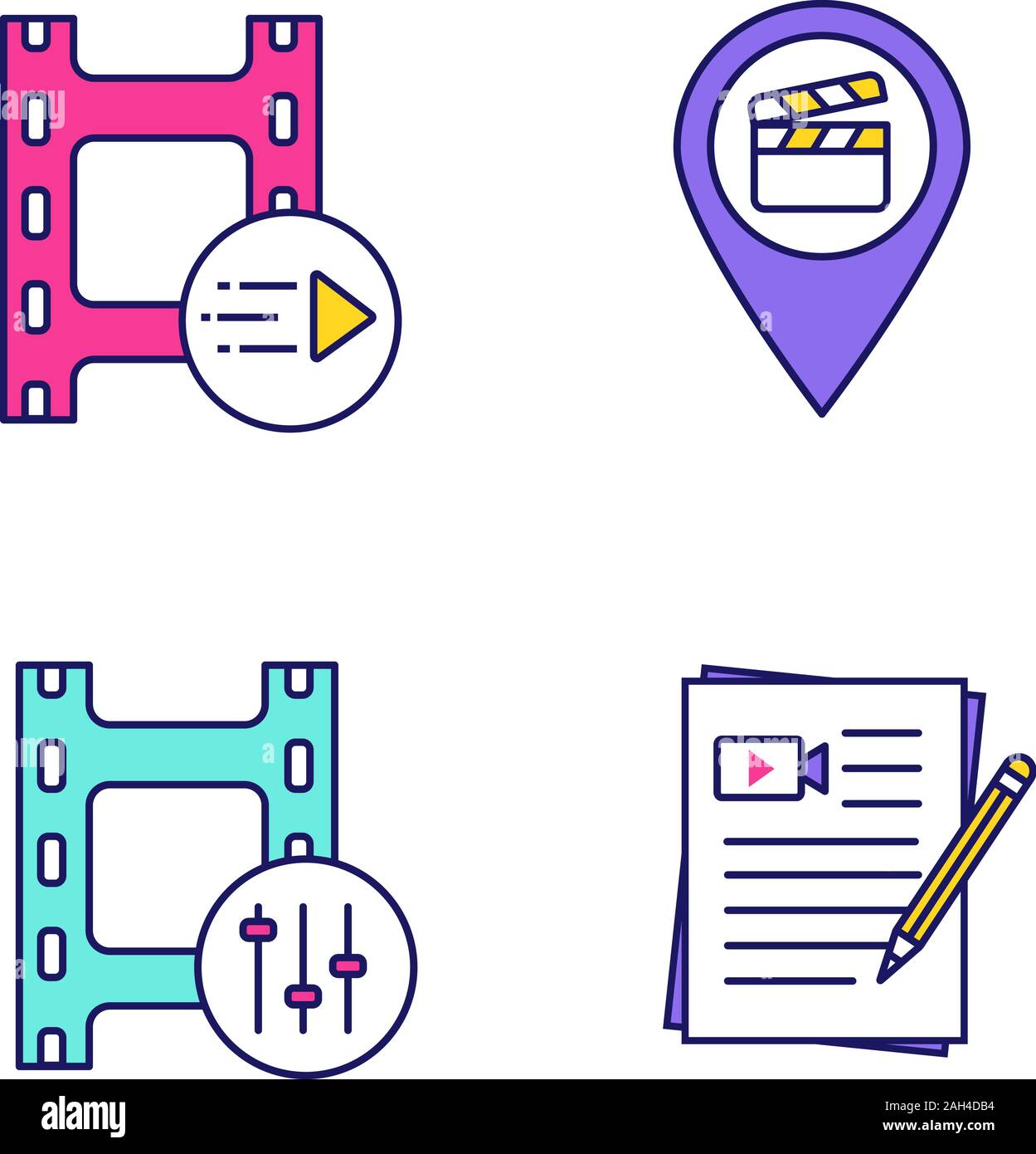 Film industry color icons set. Motion graphics, movie locations, sound ...