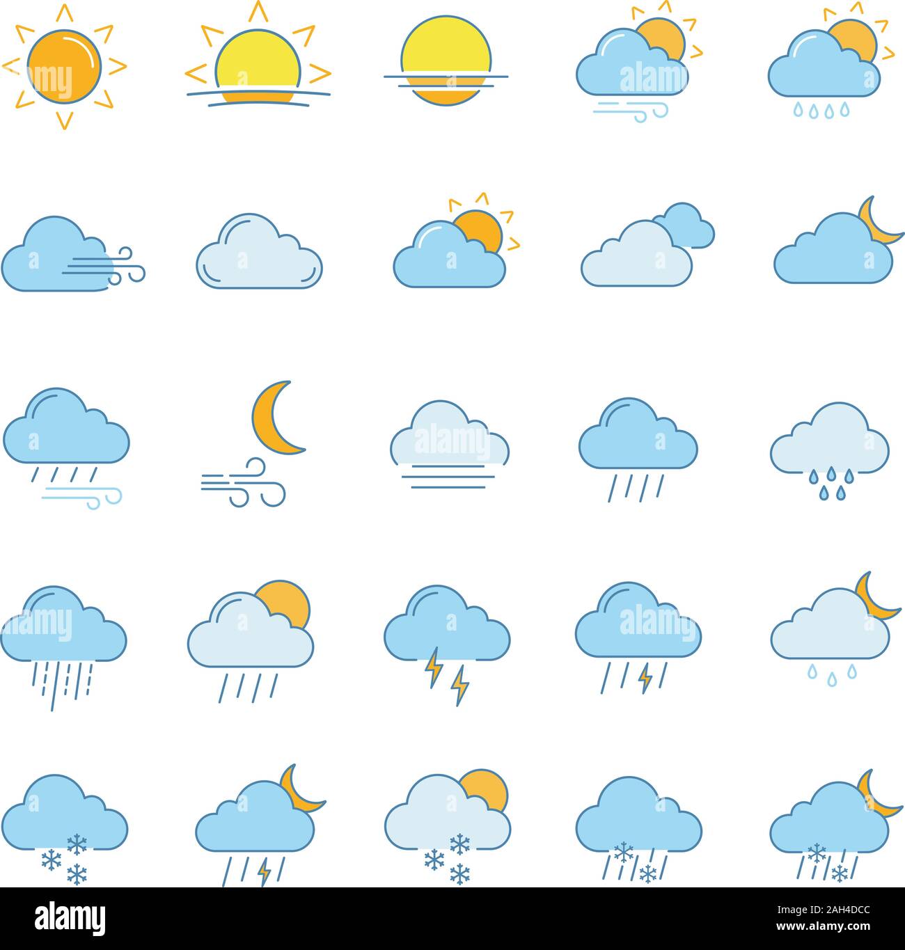 Weather forecast color icons set. Snow, rain, sleet. Shower or drizzle, thunderstorm. Sunny ...