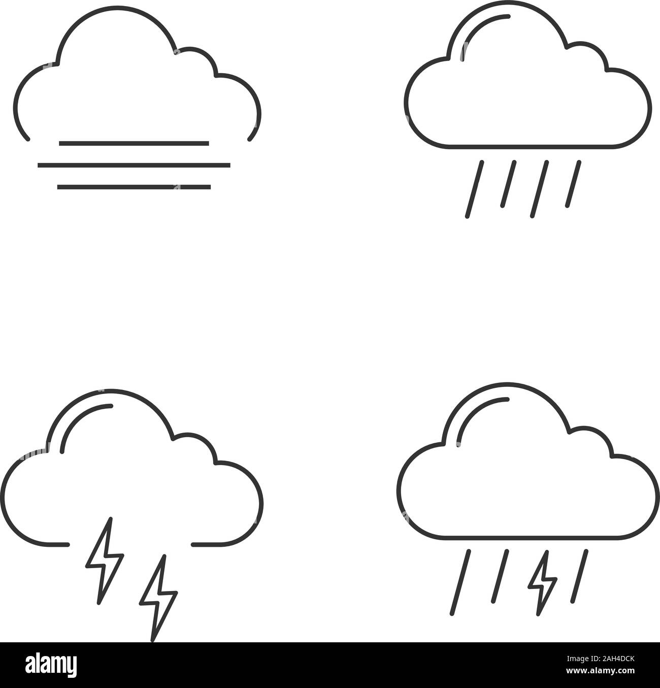 Weather forecast linear icons set. Autumn. Fog, rainy weather, thunder, thunderstorm. Thin line ...