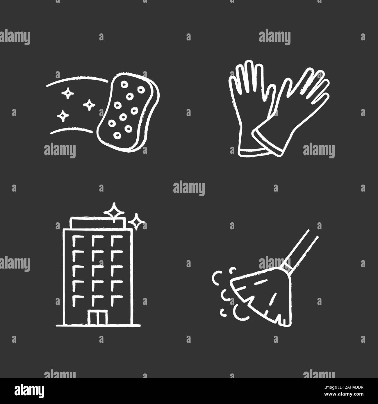 Cleaning service chalk icons set. Household gloves, sweeping broom ...