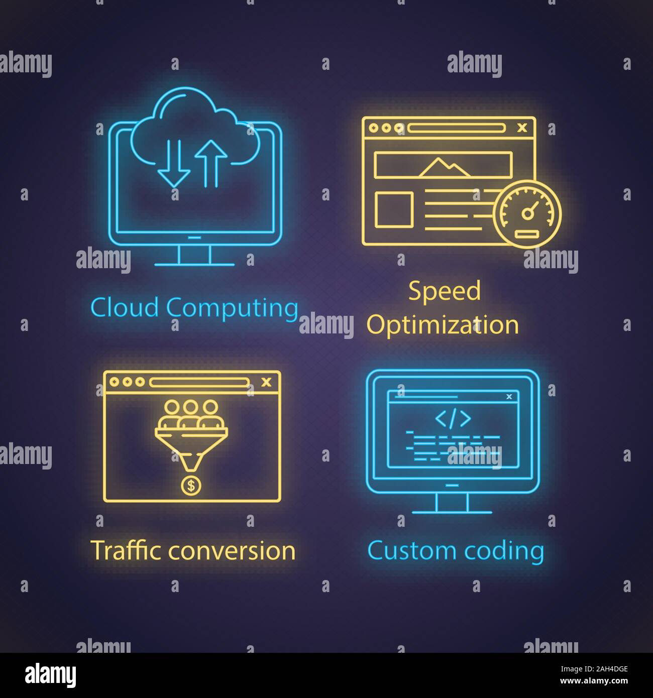 SEO neon light icons set. Cloud computing, speed optimization, traffic ...