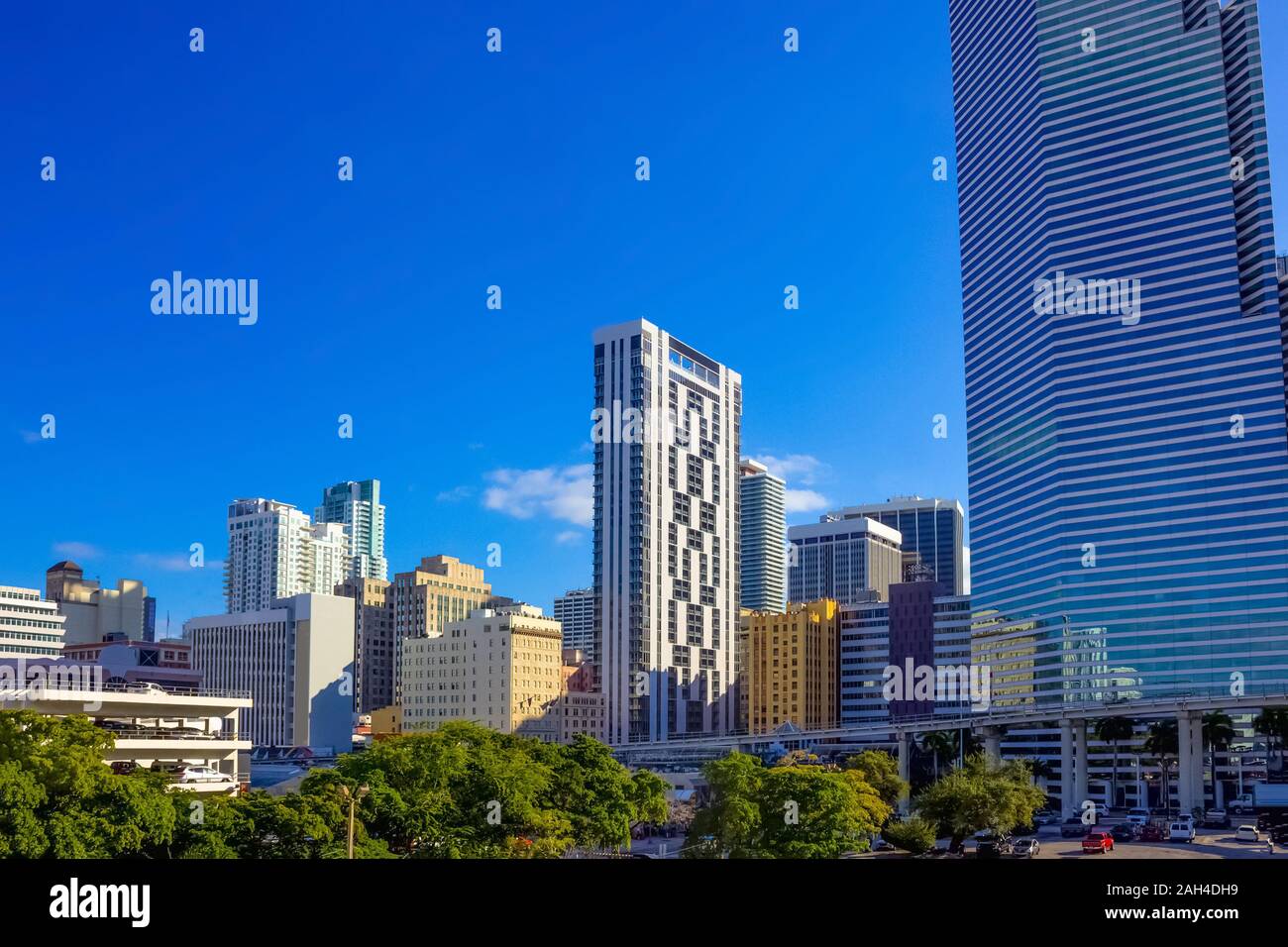 Downtown Miami cityscape view with condos and office buildings against ...