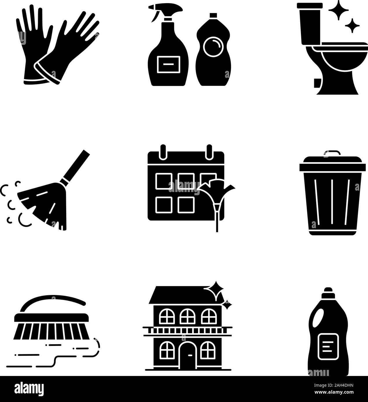 Cleaning service glyph icons set. Household gloves, detergents, tidy ...