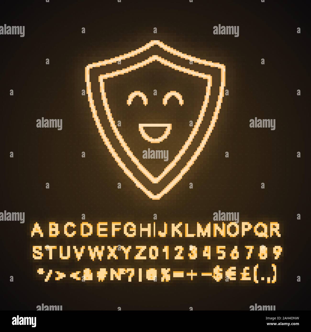 Smiling shield neon light icon. Reliable protection, security. Easy ...
