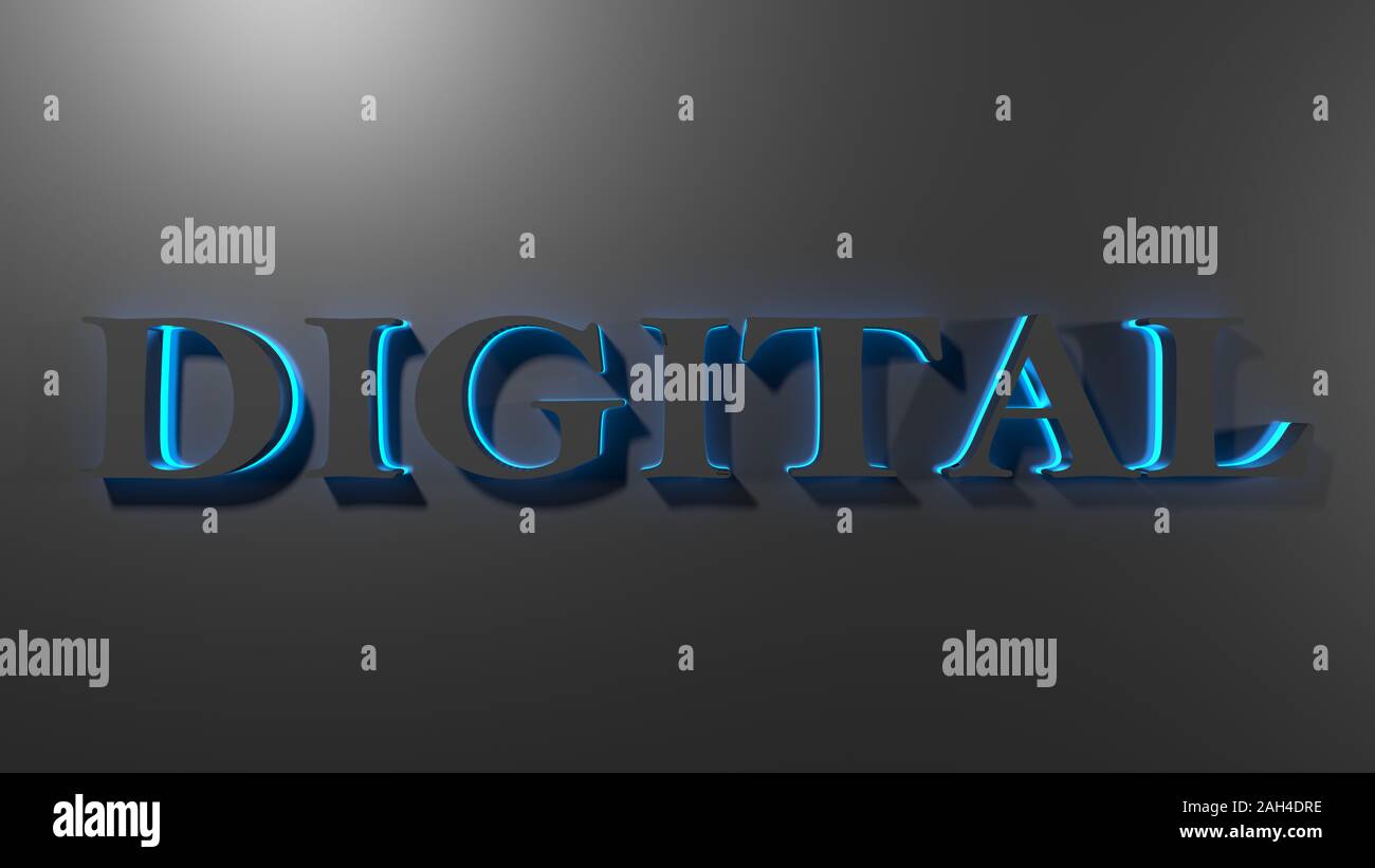 DIGITAL black write with blue backlight, on black satin background - 3D ...