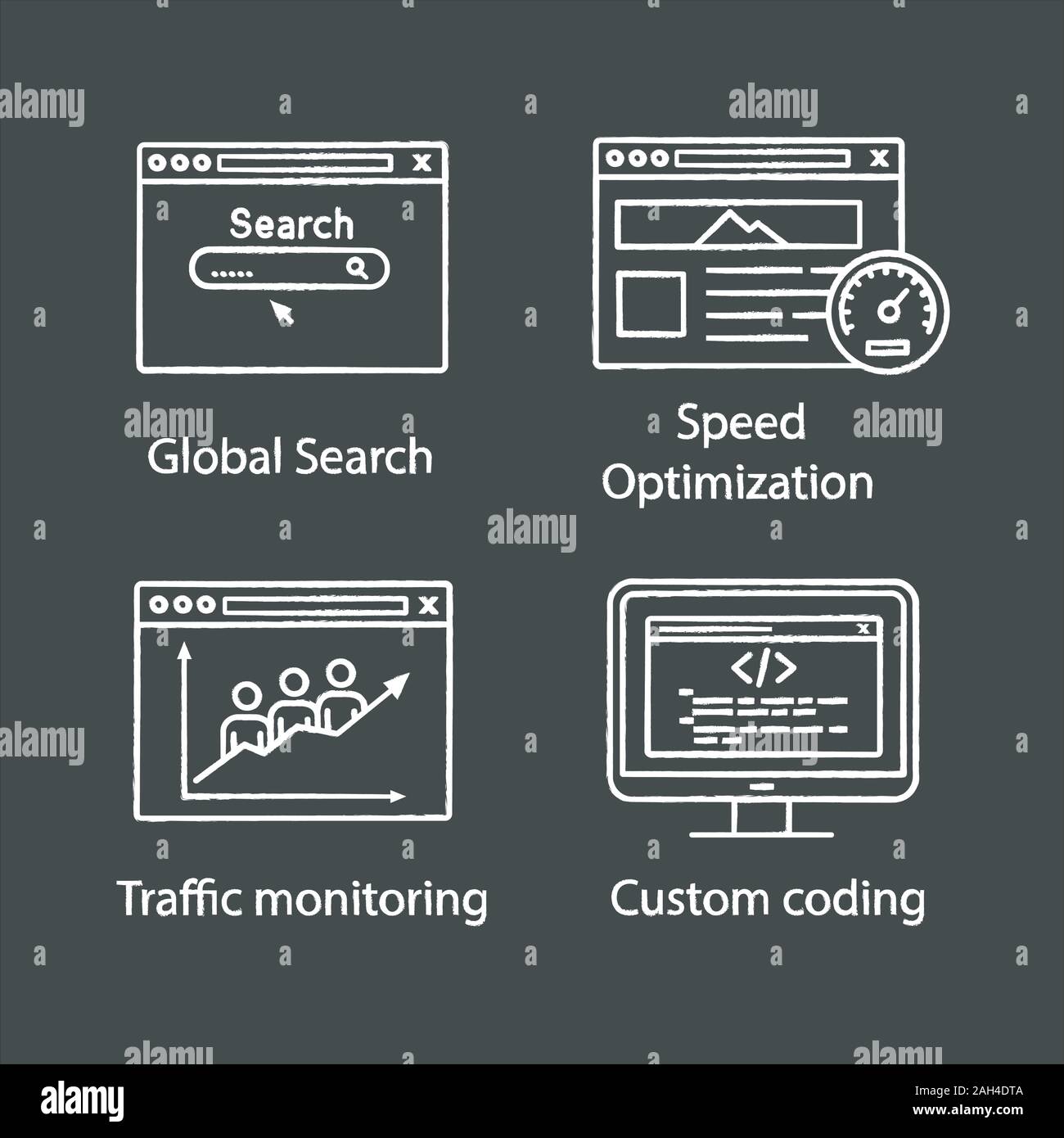 SEO chalk icons set. Global search, speed optimization, traffic monitoring, custom coding ...