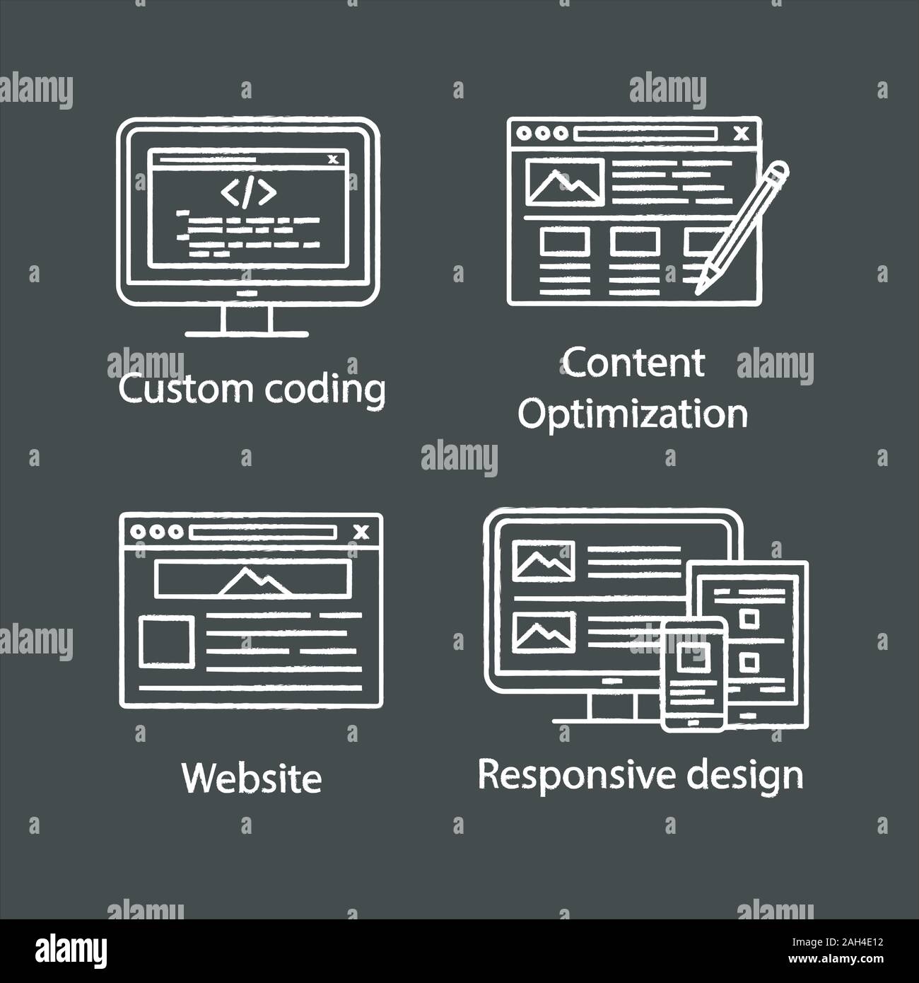 SEO chalk icons set. Custom coding, content editing, website, responsive design. Isolated vector ...