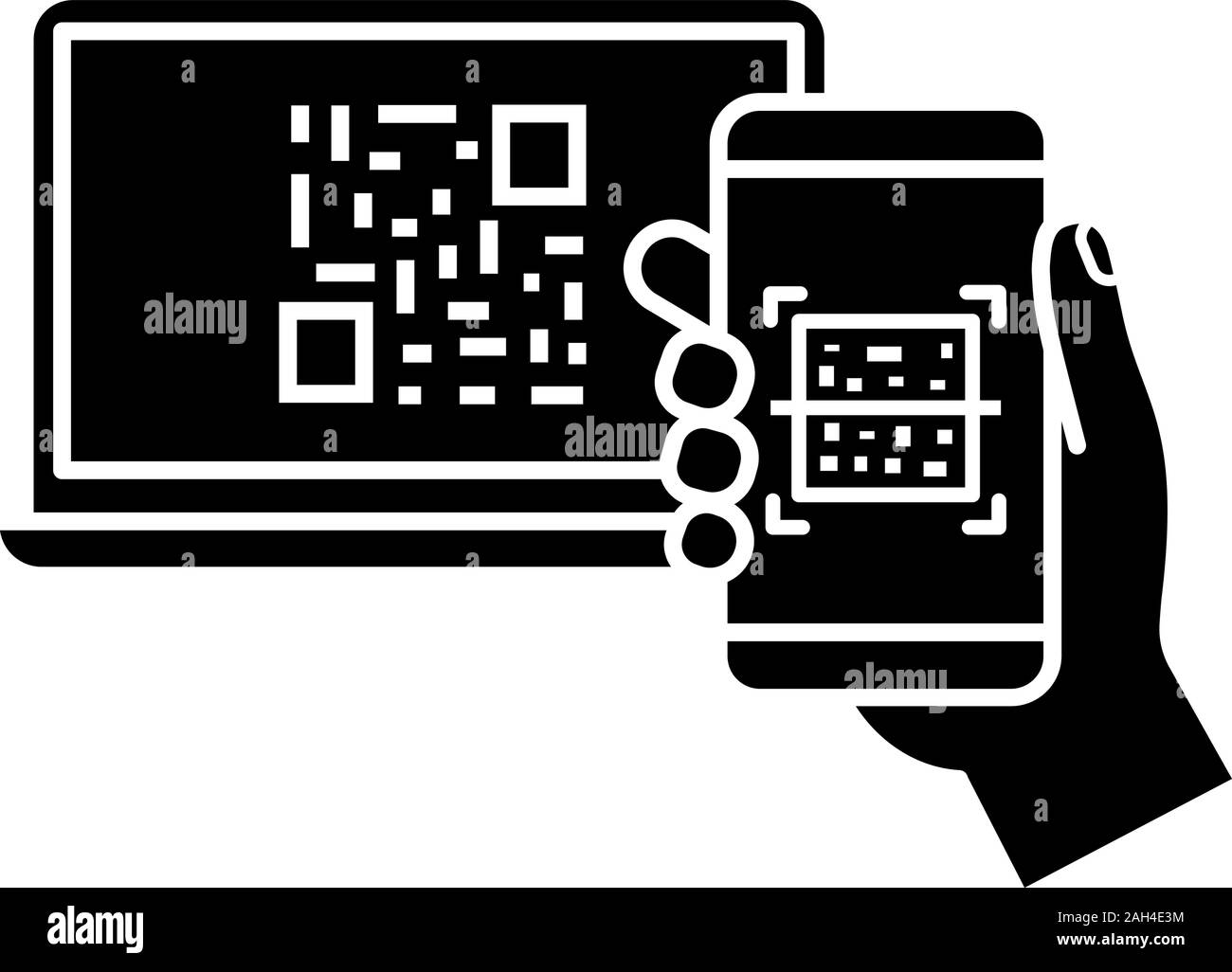 QR code scanning smartphone app glyph icon. Barcode authorization ...