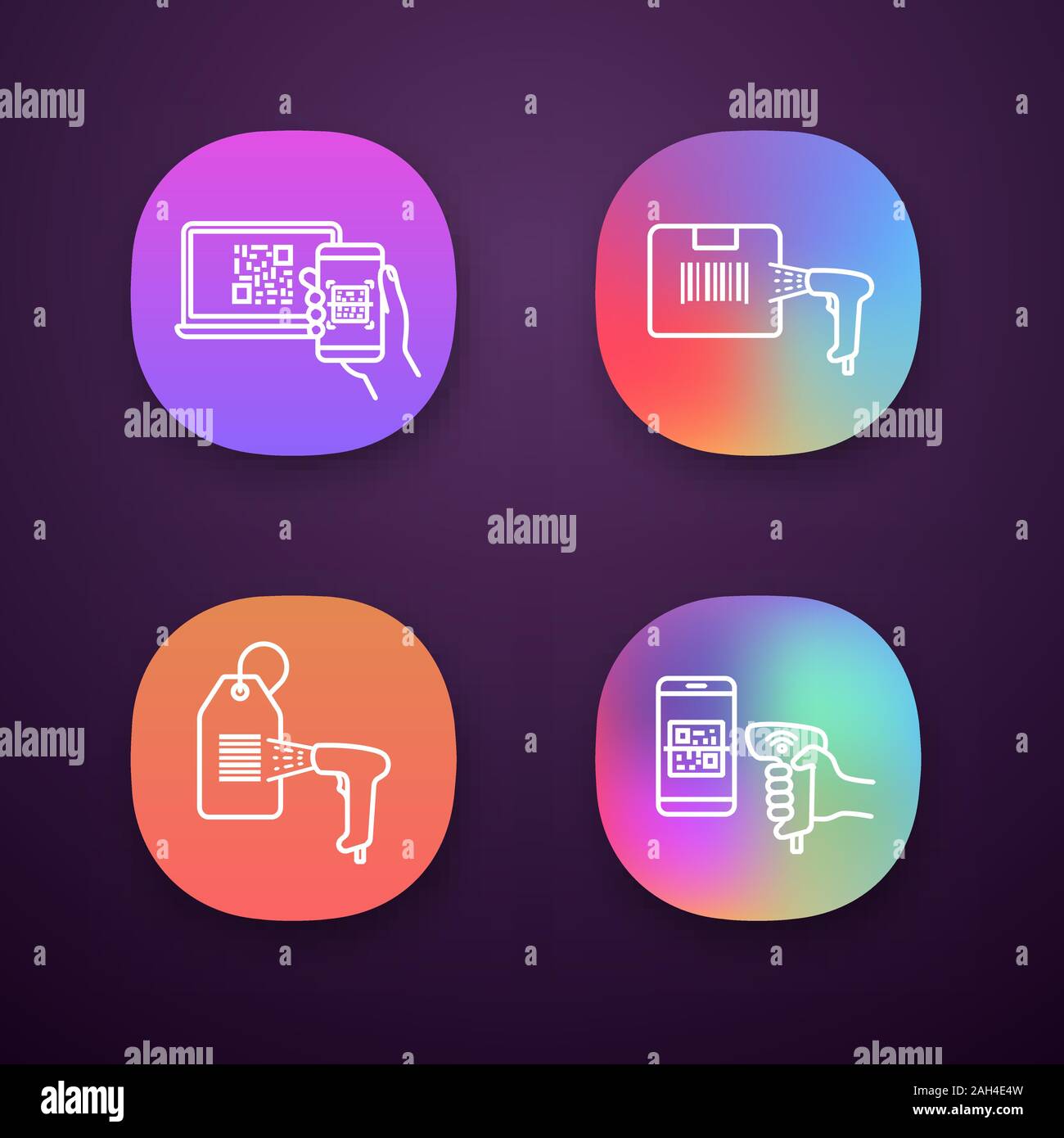 Barcodes app icons set. Smartphone bar code scanning, delivery barcode scanning, hang tag ...