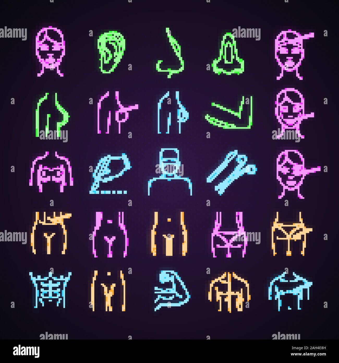 Plastic surgery neon light icons set. Facial surgery. Face and body ...