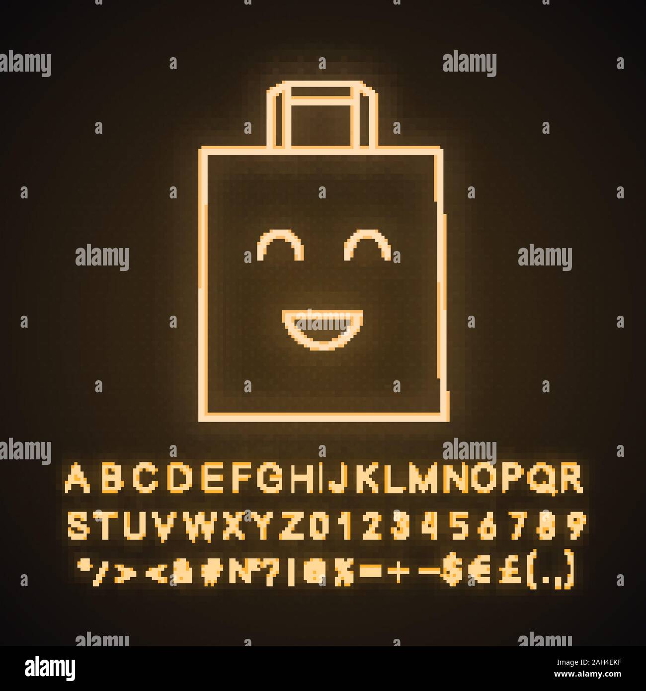 Smiling shopping bag character neon light icon. Sale, special offer ...