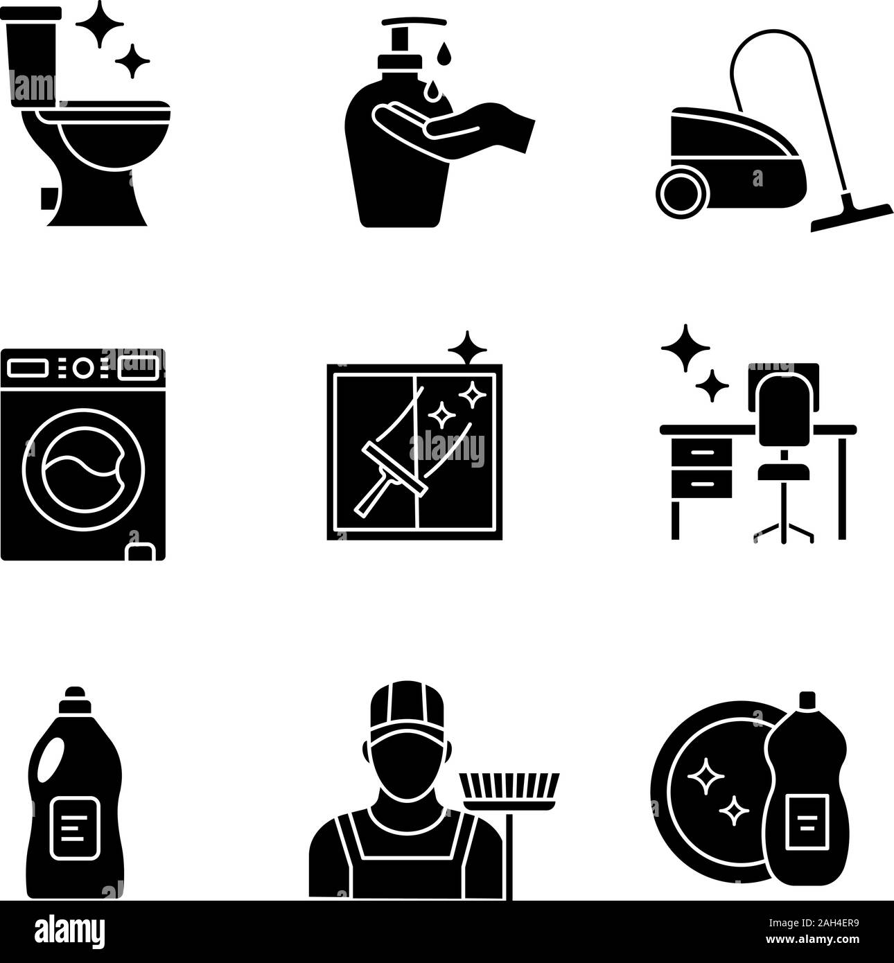 Cleaning service glyph icons set. Mop, scrub brush, hands soap, vacuum ...