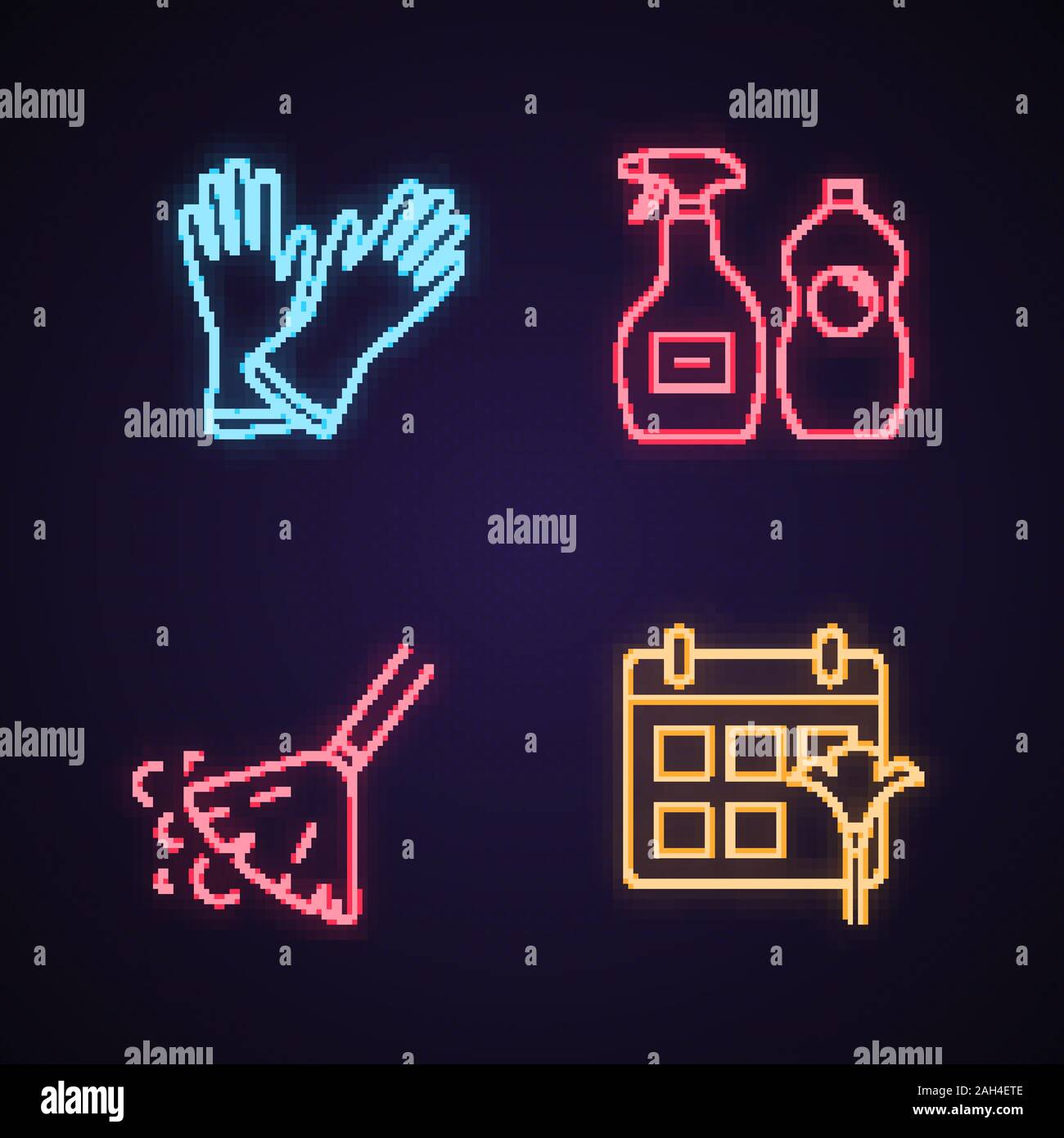 Cleaning service neon light icons set. Household gloves, sweeping broom ...