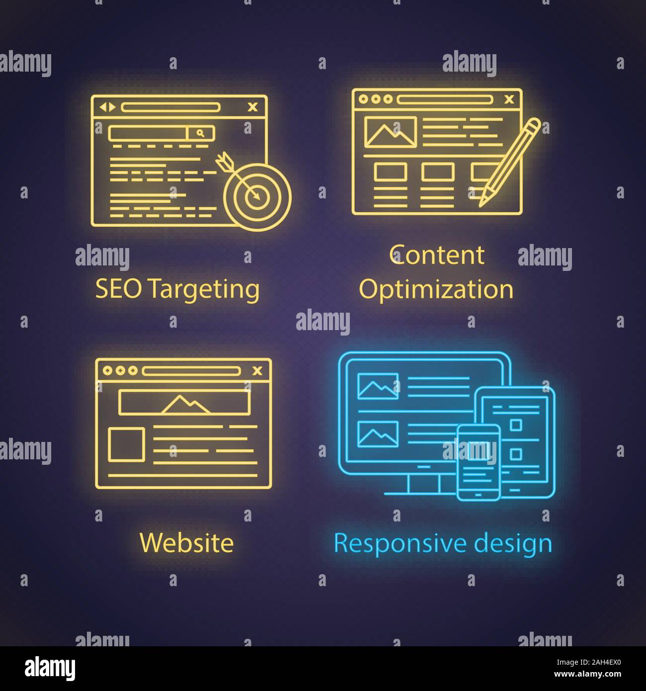SEO neon light icons set. Targeting, content optimization, website ...