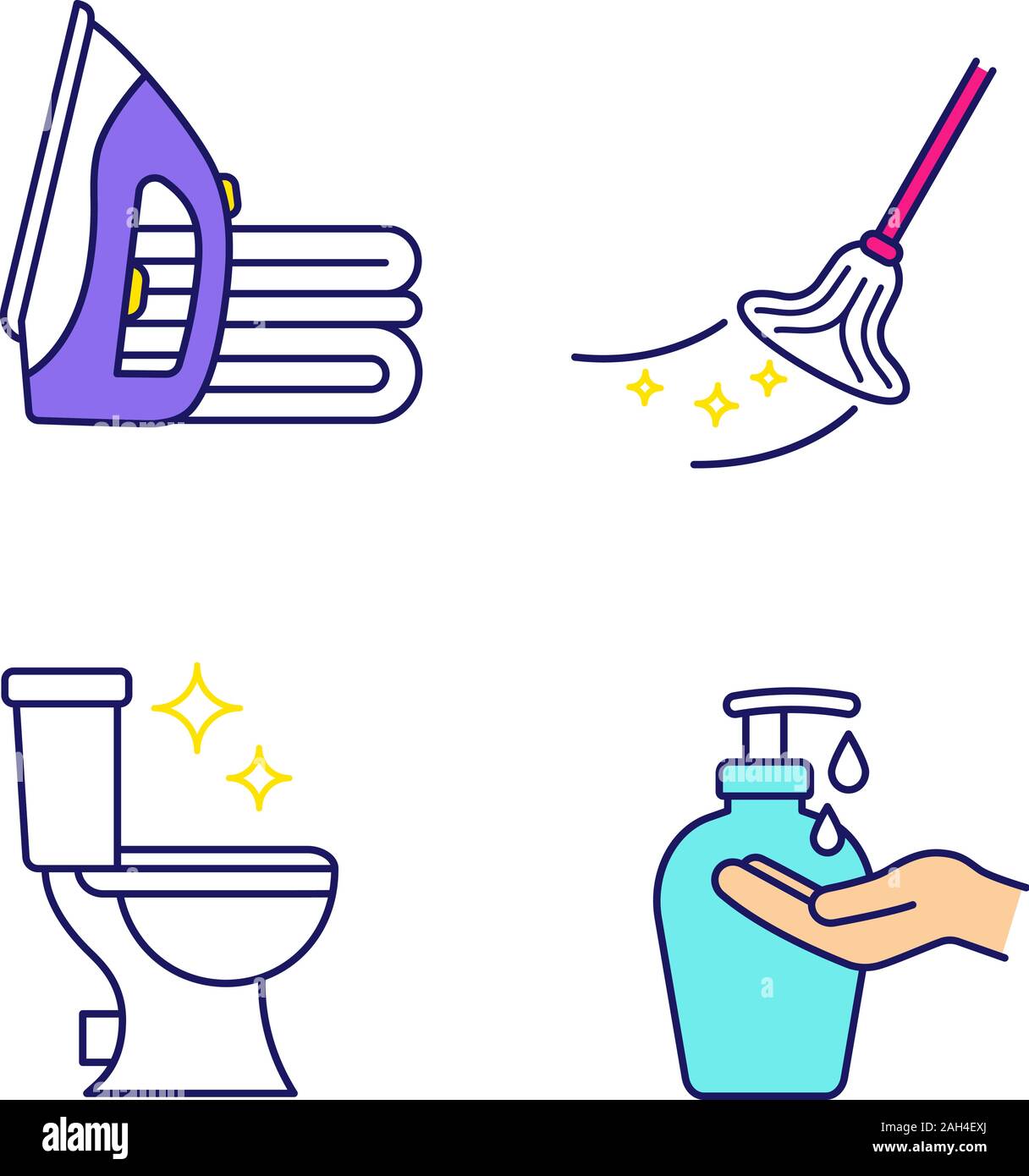 Cleaning service color icons set. Ironing, mop, clean toilet, hands ...