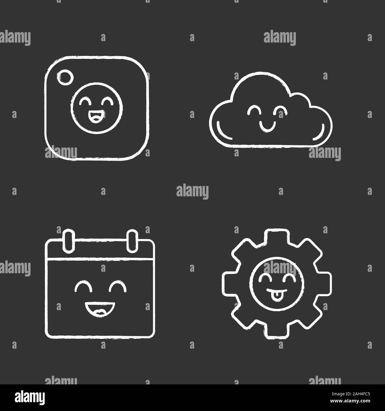 Smiling items chalk icons set. Characters. Happy camera, cloud ...