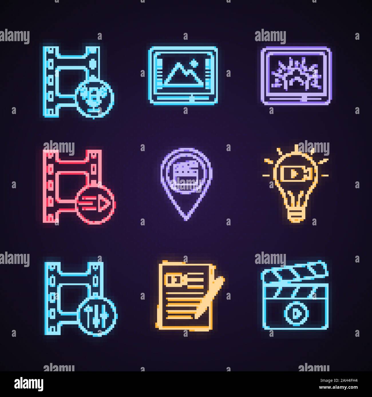 Film industry neon light icons set. Audio record, color correction ...