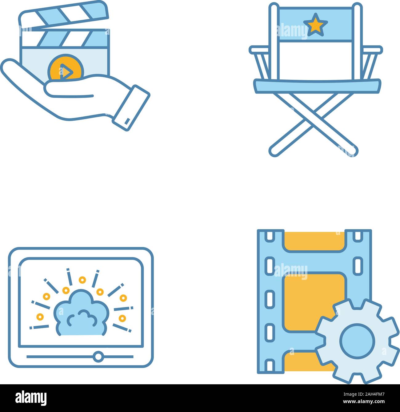Film industry color icons set. Movie release, director’s chair, visual ...