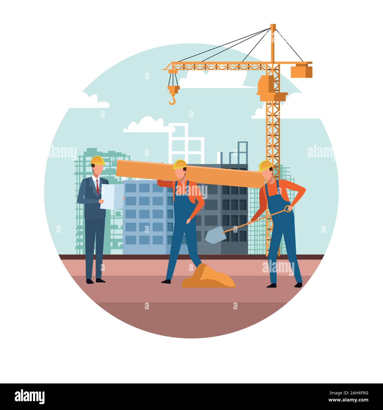 under construction scenery with engineers and builders working over ...