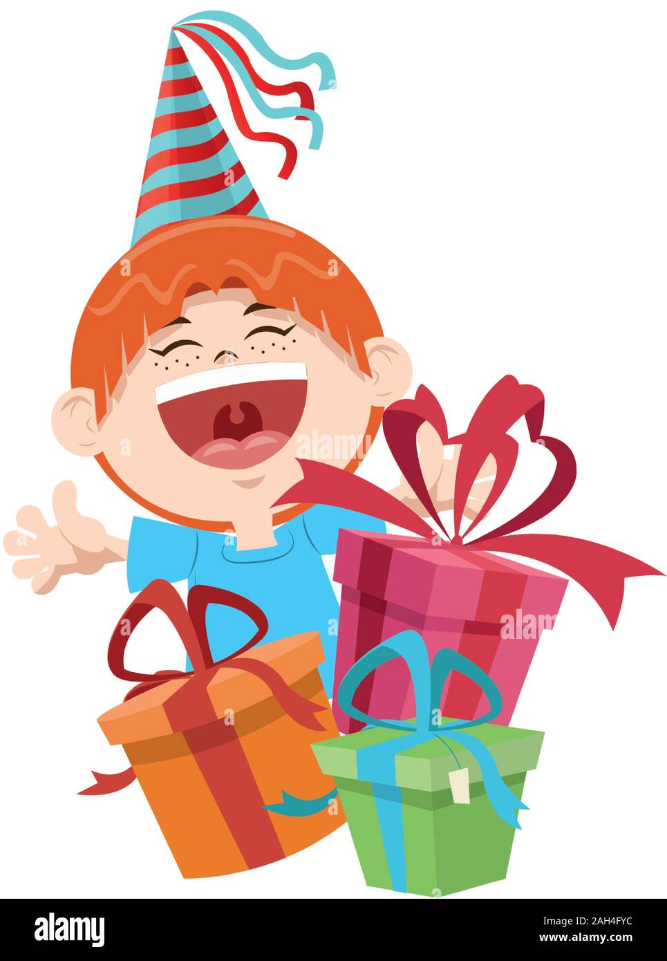 cartoon happy boy with birthday gifts boxes, colorful design Stock ...