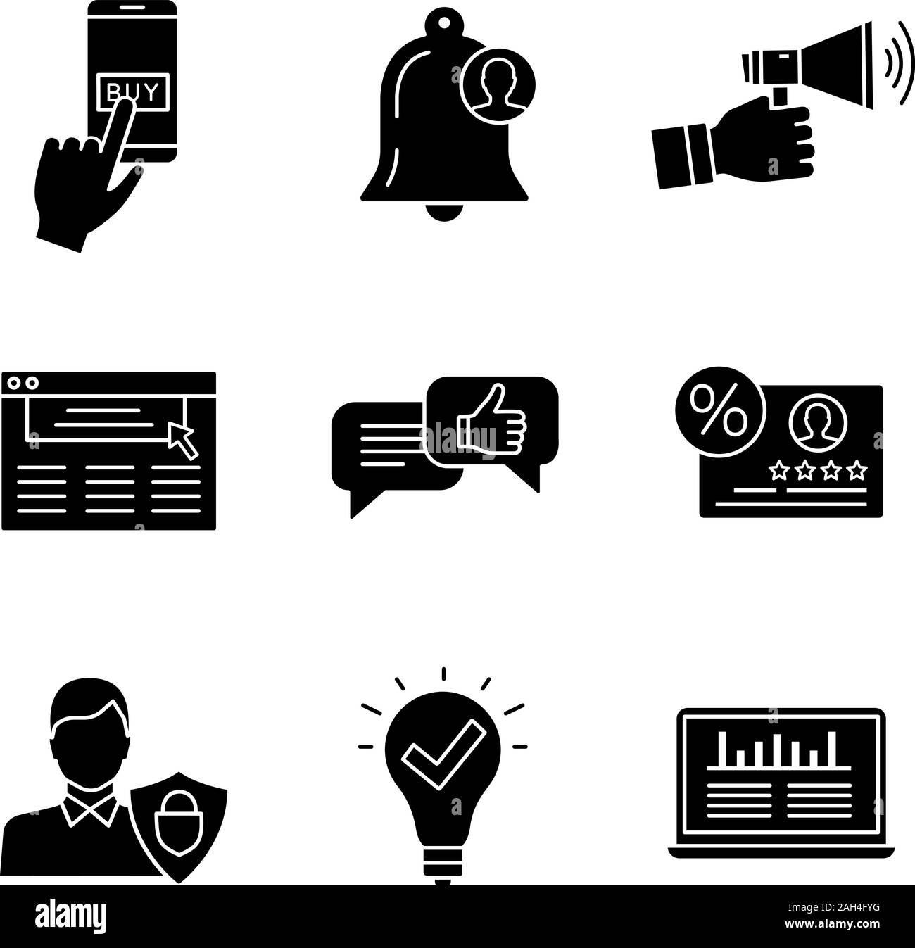 Customer retention and loyalty glyph icons set. Pay per click, client ...