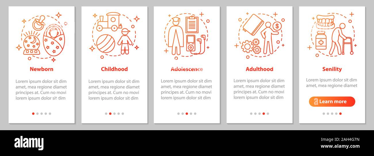 Human lifecycle onboarding mobile app page screen with linear concepts. Newborn, childhood ...
