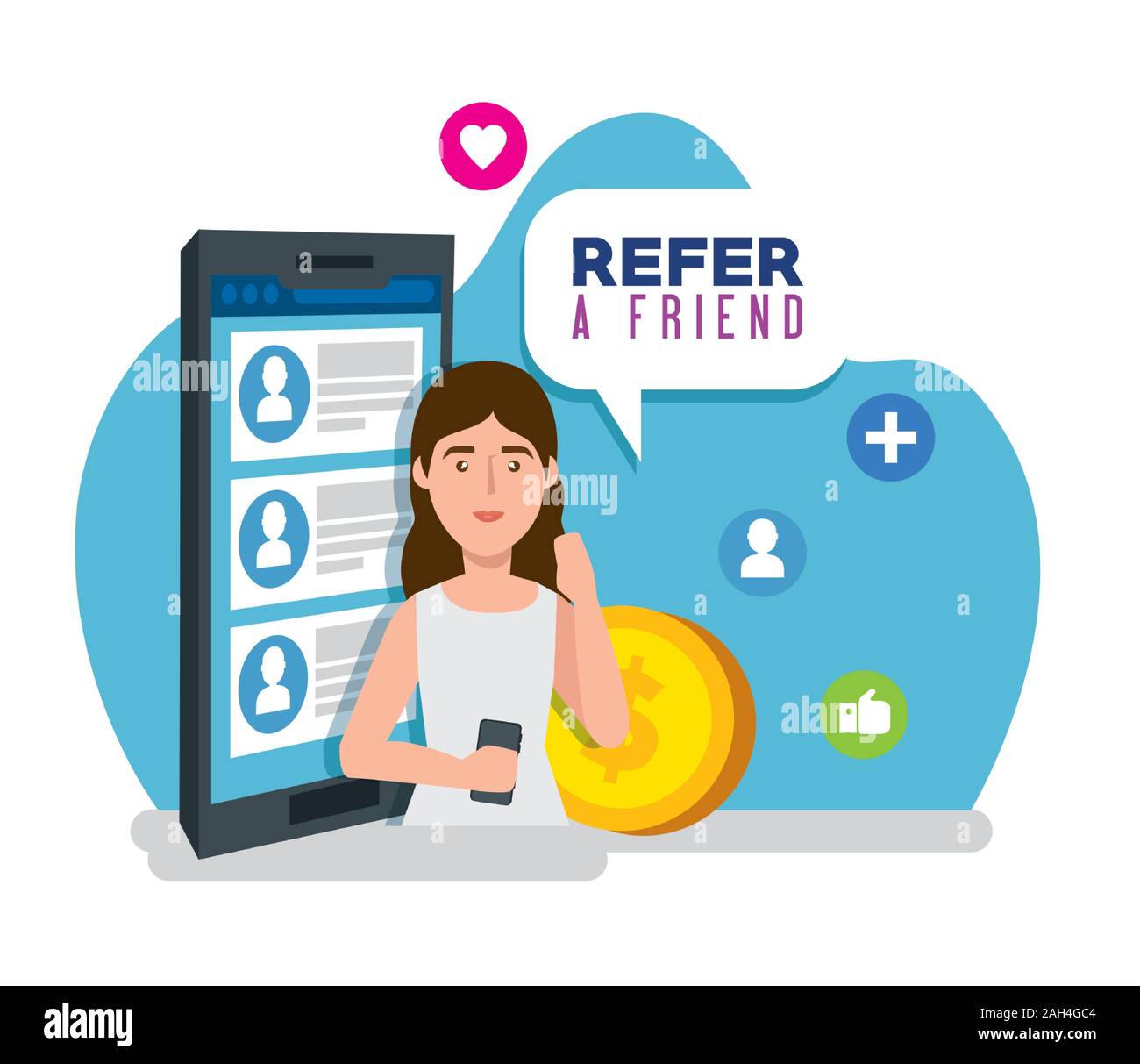 poster of refer a friend with young woman and smartphone Stock Vector ...