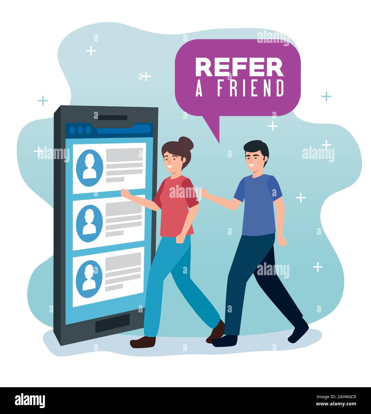 poster of refer a friend with couple and smartphone Stock Vector Image ...
