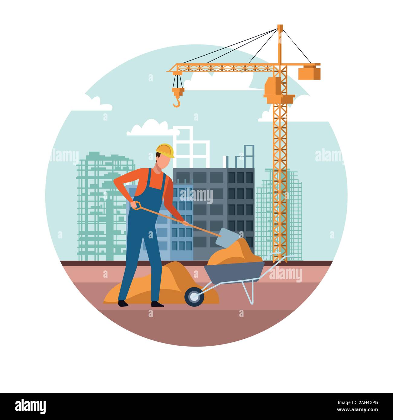 under construction scenery with builder working over white background ...