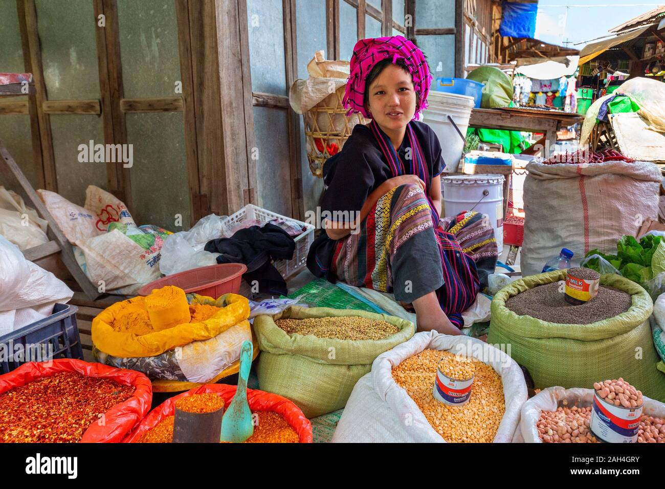 Local woman belonging to Pa O tribe in the market, in Inle Lake ...