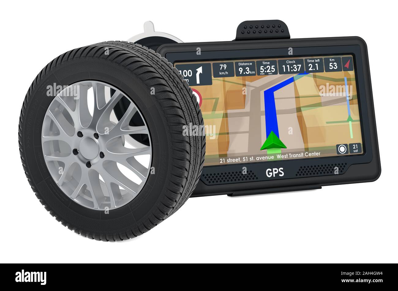 GPS navigation with car wheel, 3D rendering isolated on white ...
